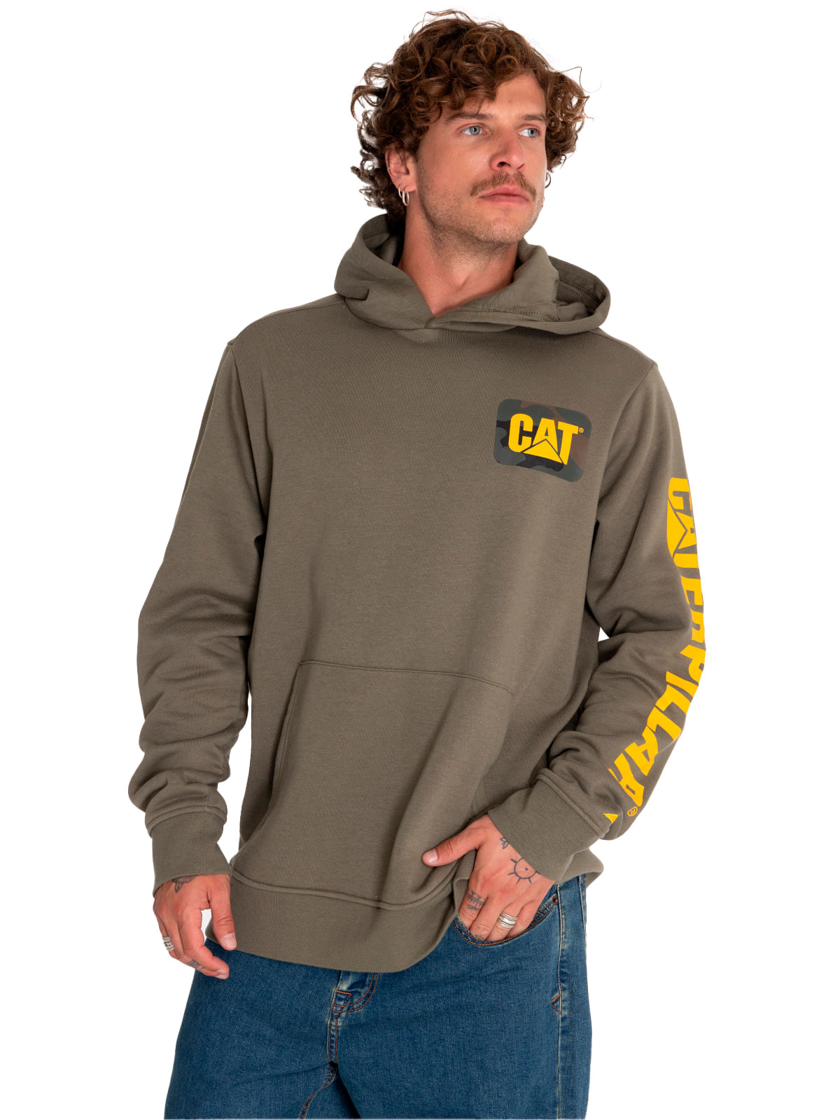 Poleron Casual Hombre Fleece Sleeve Logo Pullover Hoodie Verde Cat-Cat ...