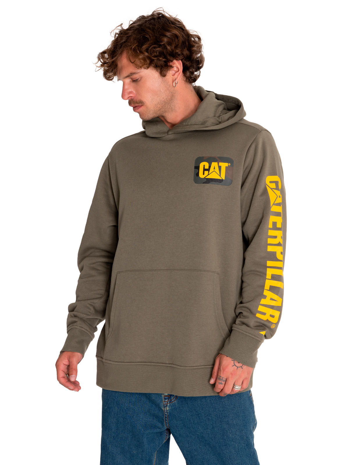 Poleron Casual Hombre Fleece Sleeve Logo Pullover Hoodie Verde Cat-Cat ...